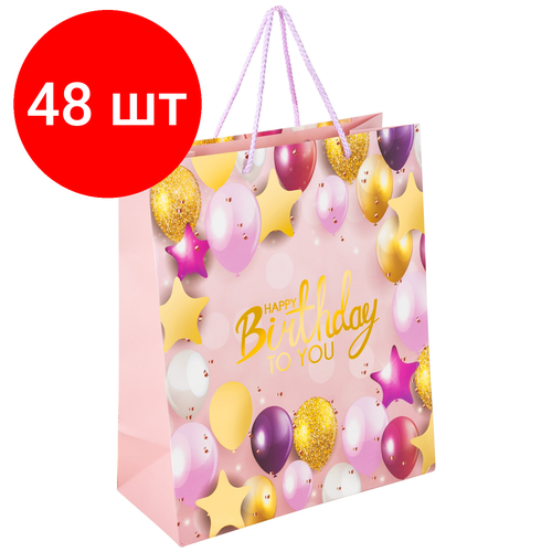 Комплект 48 шт, Пакет подарочный 26.5x12.7x33 см золотая сказка "Happy Birthday", фольга, розовый, 608238