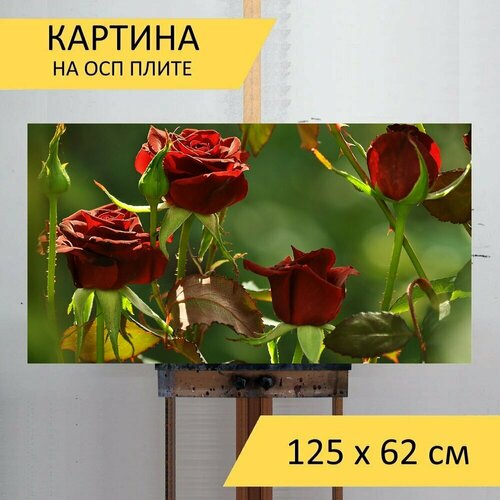 Картина на ОСП 125х62 см. "Розы, бордовый, солнечный" горизонтальная, для интерьера, с креплениями
