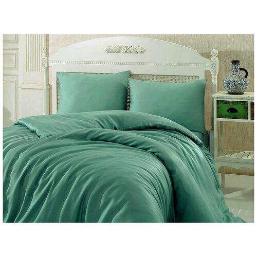 Постельное белье тенсель 2 спальное с Евро простыней - М - 60S 4302 Зеленый с наволочками 50х70