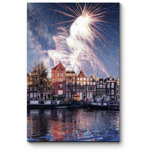 Модульная картина Яркий фейерверк в ночном небе Амстердама 20x30