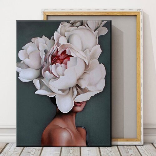 Картина на холсте 50х70 см "Девушка с пышным цветком Эми Джадд", Большая картина для интерьера на стену, на подрамнике