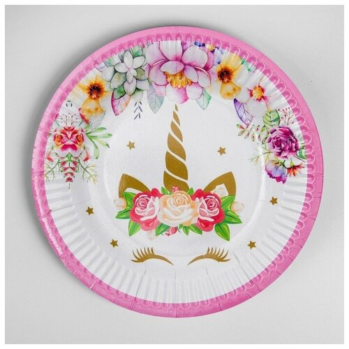 Тарелка бумажная Единорог и цветы, набор 6 шт, цвет розовый 1 шт