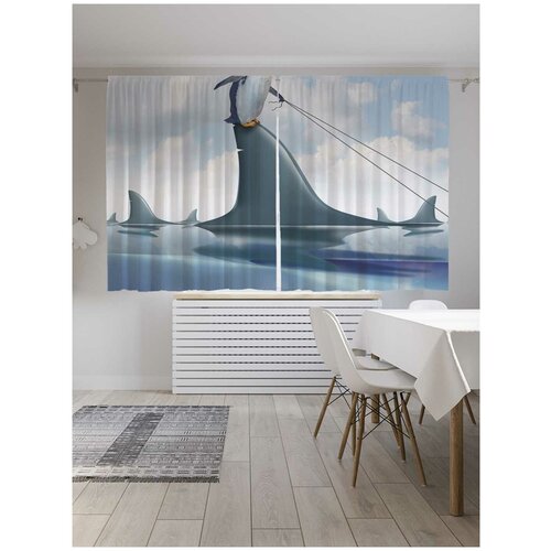 Классические шторы JoyArty "Пингвин верхом на акуле", серия Oxford DeLux, 2 полотна 145x180 см