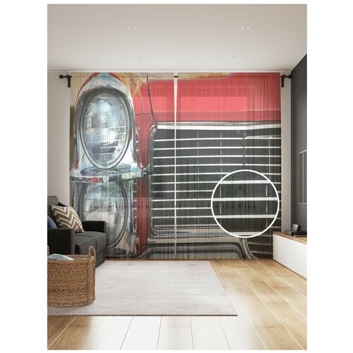 Тюль, фототюль длинный JoyArty "Взгляд ретроавтомобиля" высота 265 см, ширина 145 см (2 полотна) на шторной ленте, крючки в комплекте