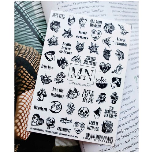 MIW Nails "Слайдеры для ногтей" водные наклейки для дизайна #35 черно-белый готика