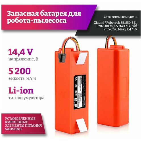 Сменный аккумулятор (акб) для робота-пылесоса Xiaomi (Ксиаоми) Roborock 1S S50 S51 S52 S53 S55 T6 T61 T65, Xiaowa C10 E35, Li-Ion, 14.4V, 5600mAh