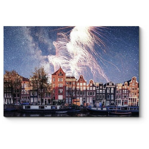 Модульная картина Яркий фейерверк в ночном небе Амстердама 70x47