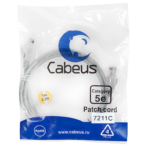 Cabeus PC-UTP-RJ45-Cat.5e-1m Патч-корд U/UTP, категория 5е, 2xRJ45/8p8c, неэкранированный, серый, PVC, 1м (PC-UTP-RJ45-Cat.5e-1m)