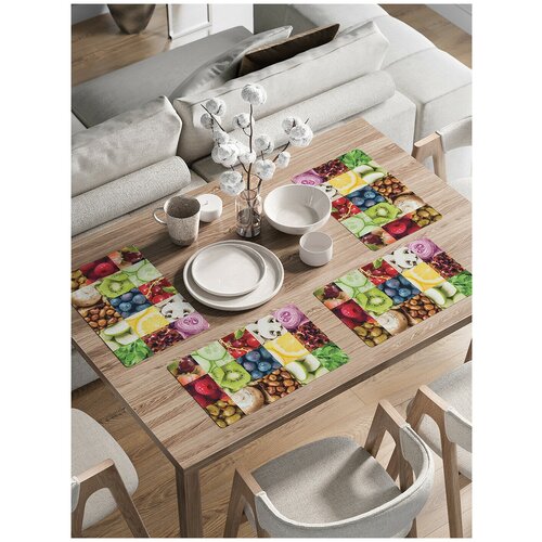 Комплект тканевых салфеток, плейсматов с рисунком JoyArty "Витаминный рай" для сервировки стола, подарочный набор 46x30 см, 4шт.