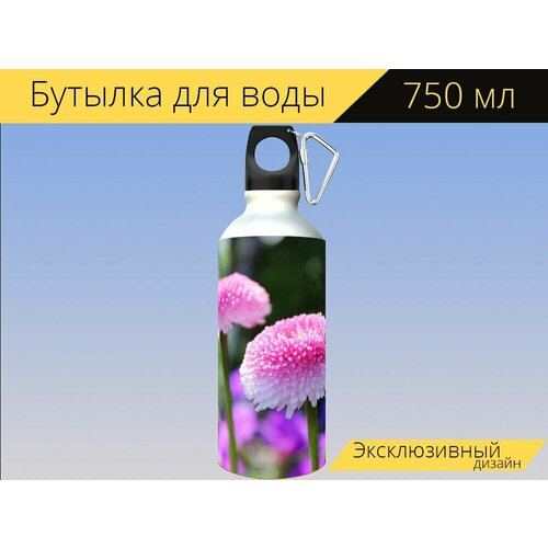 Бутылка фляга для воды "Ромашки, цветок, цвести" 750 мл. с карабином и принтом