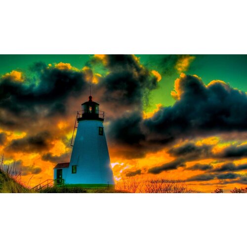 Картина на холсте 60x110 LinxOne "Небо маяк зарево облака" интерьерная для дома / на стену / на кухню / с подрамником