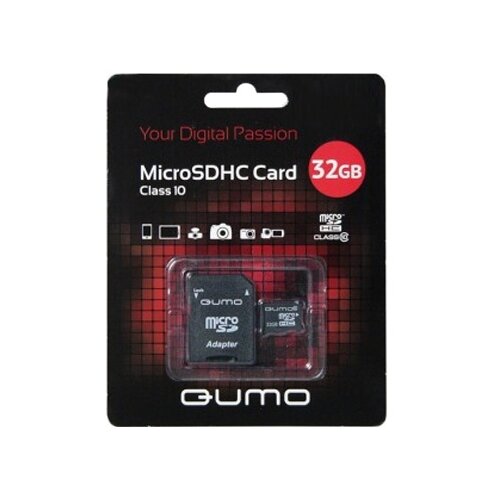 Карта памяти Qumo microSDHC 32 ГБ Class 10, V10, A1, UHS-I U1, адаптер на SD, 1 шт., черный