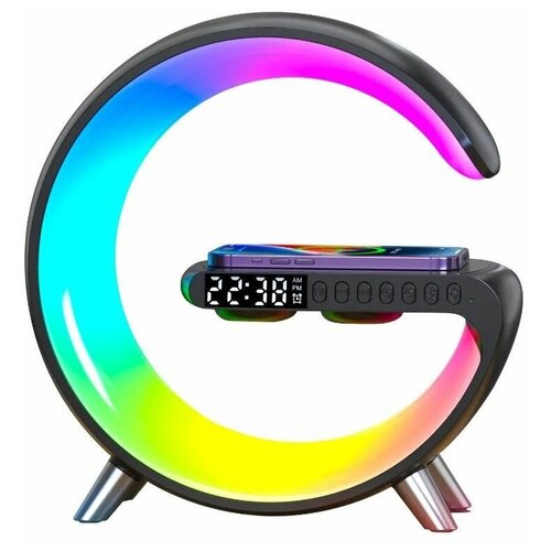 Умный RGB-светильник, Беспроводное зарядное устройство 5 в 1, умная Bluetooth-колонка с будильником, светодиодная атмосферная настольная лампа 15 Вт (черный)
