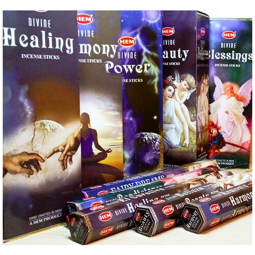 Благовония набор Божественный Divine ассорти аромапалочки 5 упаковок HEM (ХЕМ) Индия, Благословение, Исцеление, Сила, Красота, Гармония