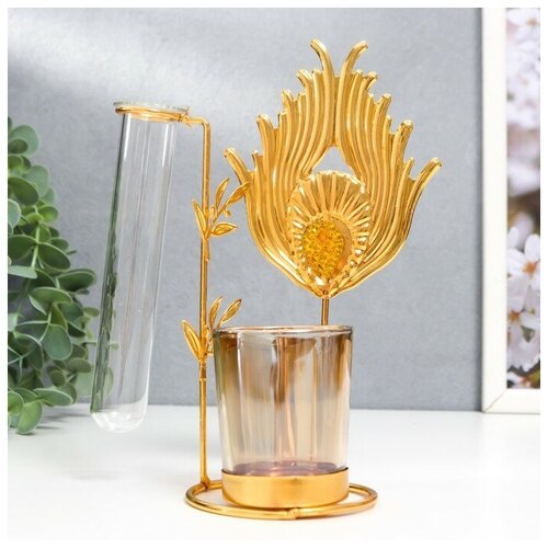Sima-land Подсвечник металл, стекло на 1 свечу с вазой "Золотое перо павлина" d-5 см, 7,5х12х17,5 см