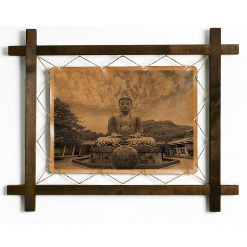Картина Статуя Будды в храме Котоку-ин, гравировка на натуральной коже в деревянной раме, BoomGift