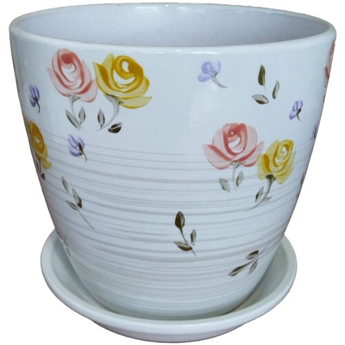 Горшок для цветов керамический белый с рисунком в мелкий цветочек 21 см, 5.4 л, 1 шт. + дренаж из керамзита для посадки растения