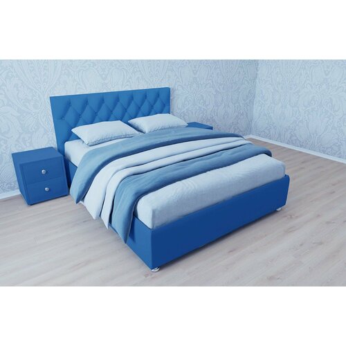 Двуспальная кровать Версаль 200x200 основание металлическое с ламелями велюр синий ножки 5 см
