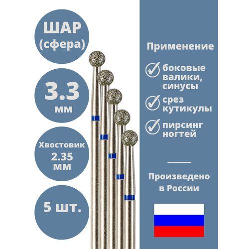 Набор алмазных фрез для маникюра и педикюра Astial, 5 штук, форма "шар", синяя