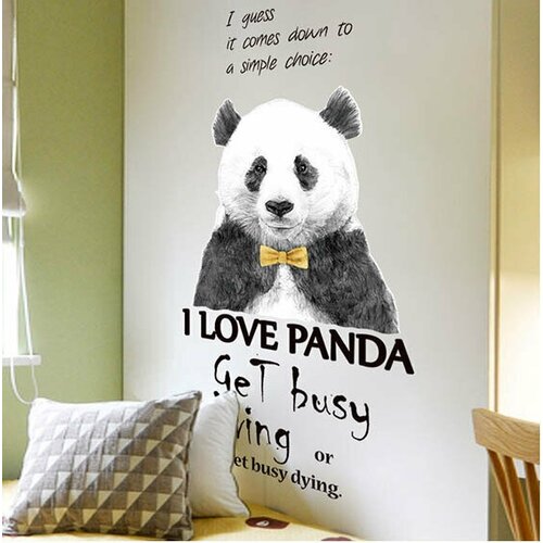 Интерьерная декоративная наклейка на стену "Любимчик Панда" панда с галстуком и надписи на английском. Размер 54 на 101 см.