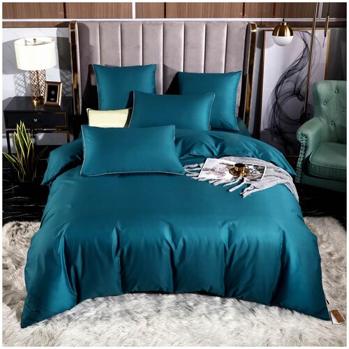 Комплект постельного белья VIVA HOME TEXTILE Элитный OCE017 Евро 4, 2-спальное с европростыней, сатин-люкс, лазурно-синий