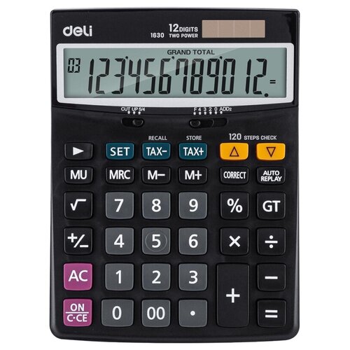 Калькулятор настольный полн/Р БУХ. Deli E1630,12р, дв. пит, 188x140мм, черный, 1 шт.