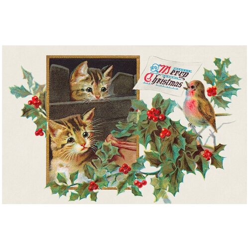 Постер / Плакат / Картина Котята на рождественской открытке 40х50 см в раме