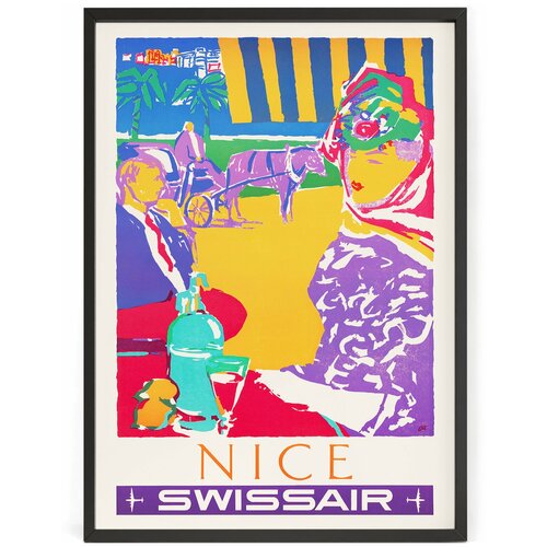 Винтажный постер о путешествиях на стену Ницца, Франция Swiss Air 1950 год 50 x 40 см в тубусе