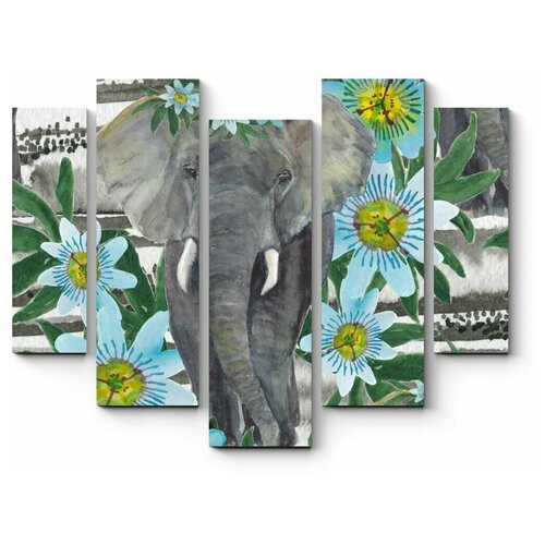 Модульная картина Слон, гуляющий среди цветов121x98