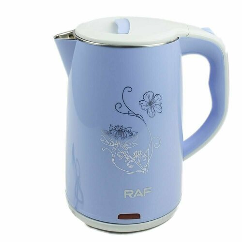 Чайник пластиковый электрический 2,5 Л, Двойные стенки, рисунок цветок белый на синем фоне RAF R.7835