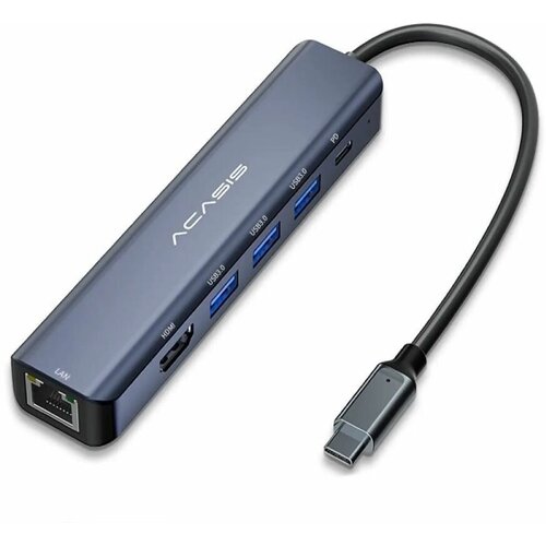 Док-станция Acasis DS-7HN6 6 в 1 с кабелем 25см, Type-C to HDMI + USB3.0 x 3 + PD 100 Вт, темно-серый