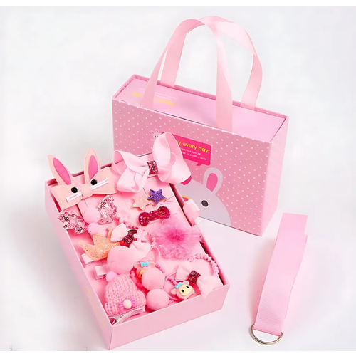 Подарочный набор заколок и резинок для девочек/ Заколки и резинки детские / 18 аксессуаров для волос / Розовый