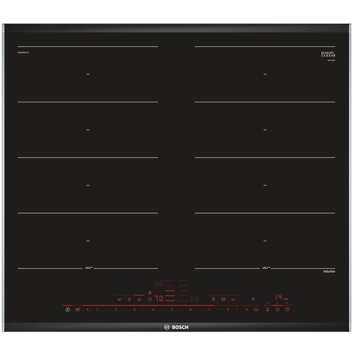 Индукционная варочная панель BOSCH PXX675DV1E, с рамкой, цвет панели черный, цвет рамки серебристый