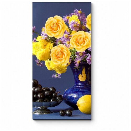 Модульная картина Виноград, лимоны и желтые розы 50x100