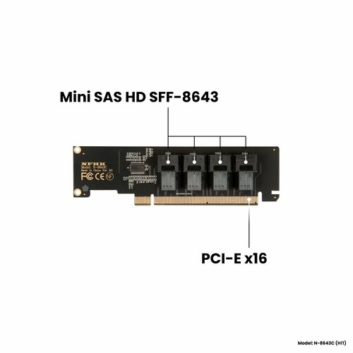 Адаптер-переходник (плата расширения) низкопрофильная версия на 4 порта Mini SAS HD SFF-8643 в слот PCI-E 3.0/4.0 x16, черный, NHFK N-8643C