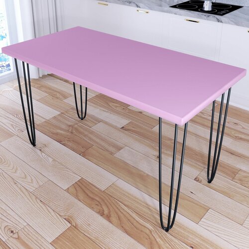 Стол кухонный Loft со столешницей розового цвета из массива сосны 40 мм и черными металлическими ножками-шпильками, 140х60х75 см