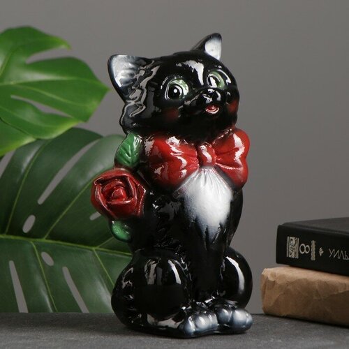 Хорошие сувениры Копилка "Котик малый с розой" чёрный, 20см