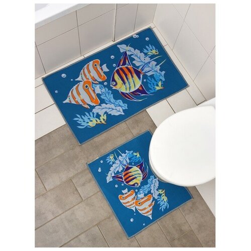 Набор ковриков для ванной и туалета Доляна «Подводный мир», 2 шт, 45×48 см, 58×78 см