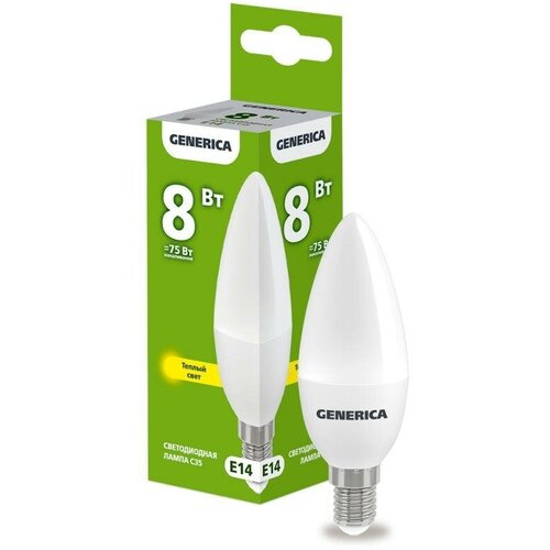 Лампа светодиодная C35 8Вт свеча 3000К E14 230В LL-C35-08-230-30-E14-G GENERICA