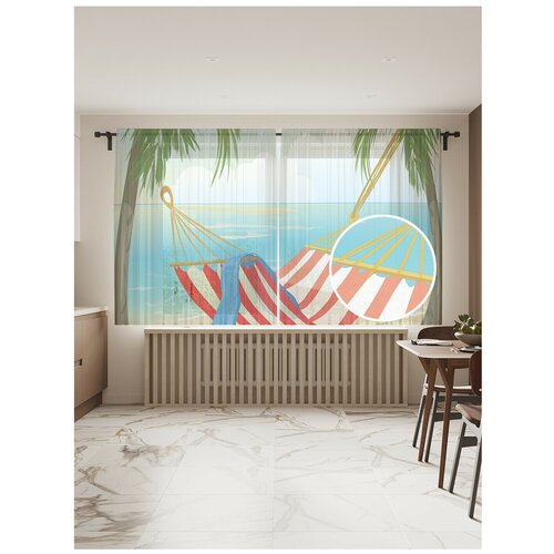 Тюль, фототюль короткий JoyArty "Гамак под пальмами на пляже" высота 180 см, ширина 145 см (2 полотна) на шторной ленте, крючки в комплекте