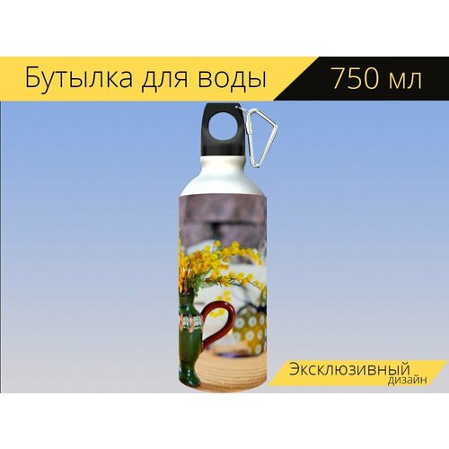 Бутылка фляга для воды "Мимоза, цветы, ваза" 750 мл. с карабином и принтом