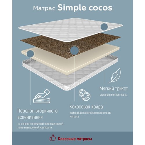 Матрас SIMPLE COCOS высота 10см для сна на диван кровать ортопедическая пена ВВ кокос стеганный жаккард (200 / 200)