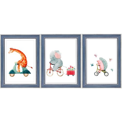 Картины в раме со стеклом "Зверята на велосипедах" (набор из 3шт)