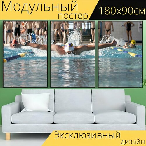 Модульный постер "Плавание, упражнение, бассейн" 180 x 90 см. для интерьера