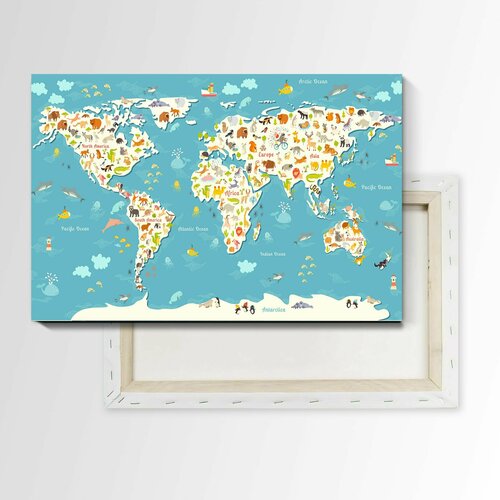 Картина на холсте - "Карта мира Животные" размер 50-75 см