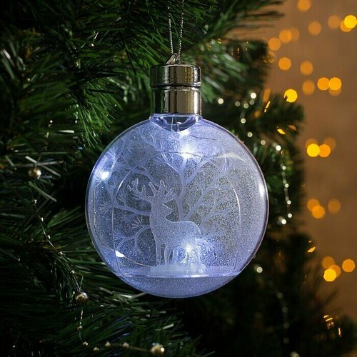 Ёлочный шар "Снежный лес" от батареек, новогодний интерьерный декор, световая фигура, украшение на Новый год, игрушка на ёлку, 1 LED фонарик, свечение холодное белое