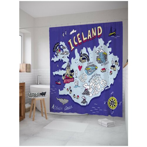 Штора водоотталкивающая для ванной, занавеска в ванную комнату тканевая JoyArty "Детская карта Исландии", 180х200 см