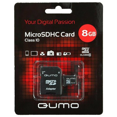 Карта памяти Qumo microSDHC Class 10 8GB + SD adapter