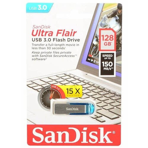 Флешка SanDisk Ultra Flair USB 3.0 128 ГБ, 1 шт, дымчатый серебристый/черный