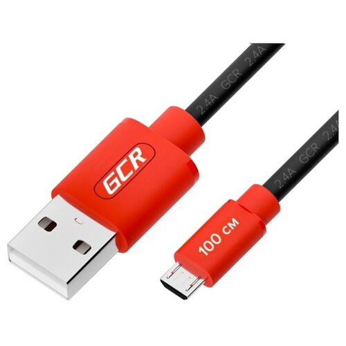 GCR Кабель 1.0m USB 2.0, AM/microB 5pin, черный, красные коннекторы, 28/28 AWG, экран, армированный, морозостойкий